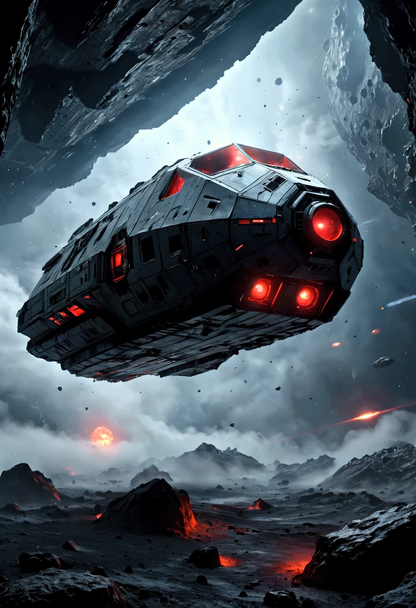 A rogue AI-controlled spaceship, drifting through an asteroid field - SeaArt AI