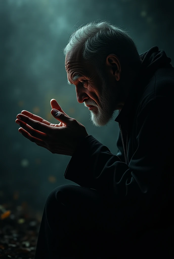Create an image of an old man staring into his palms and his his life ...