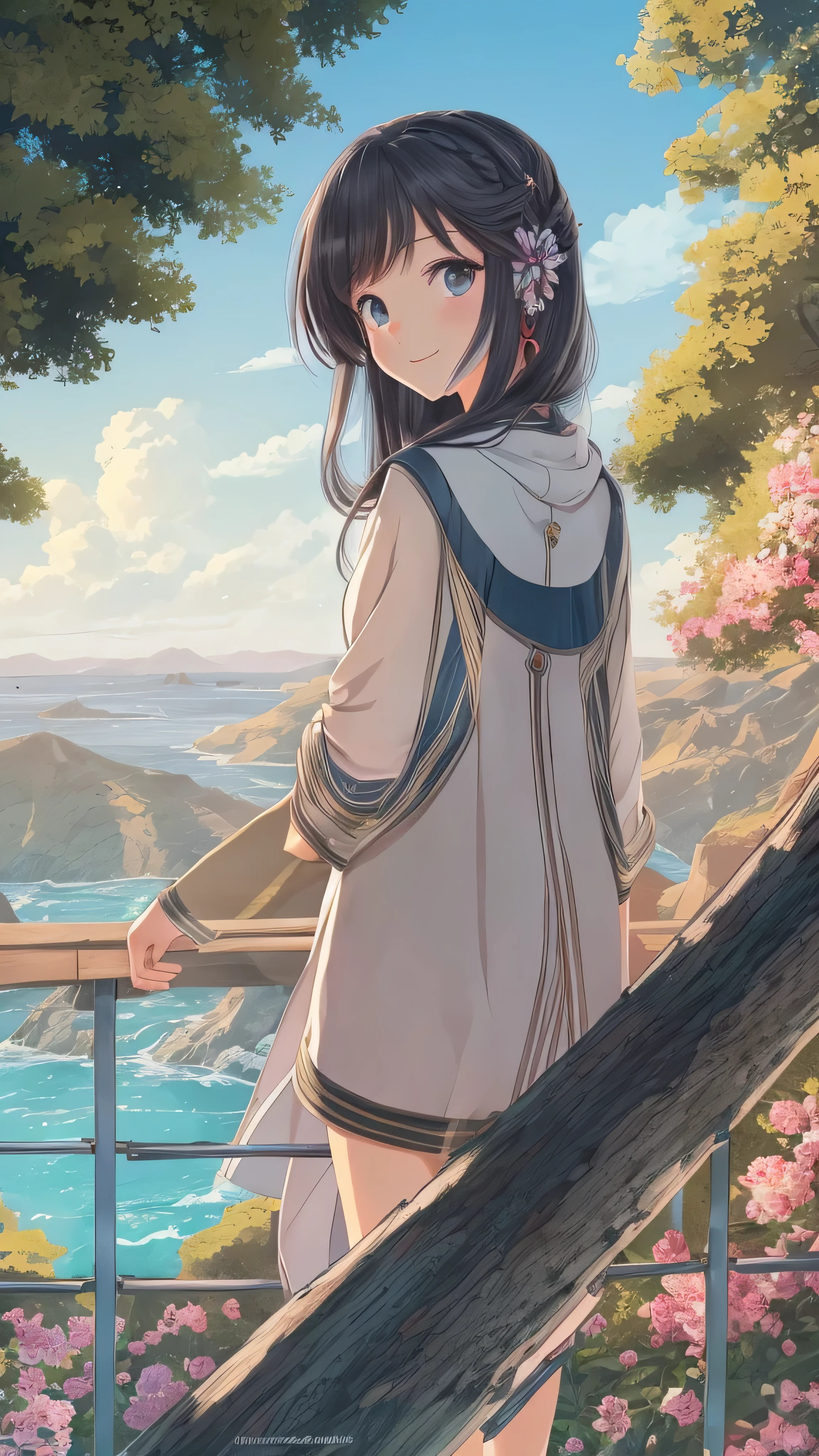 Anime girl standing on a railing overlooking a beautiful landscape ...