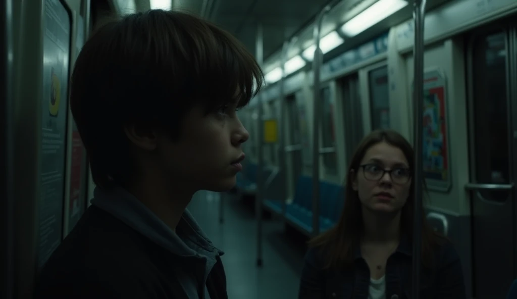 Lucas sitting on the subway . The lady next door is staring intently at ...