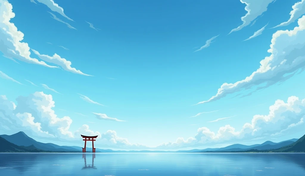 The torii gate looks small far away from the horizon。Blue sky with thin ...