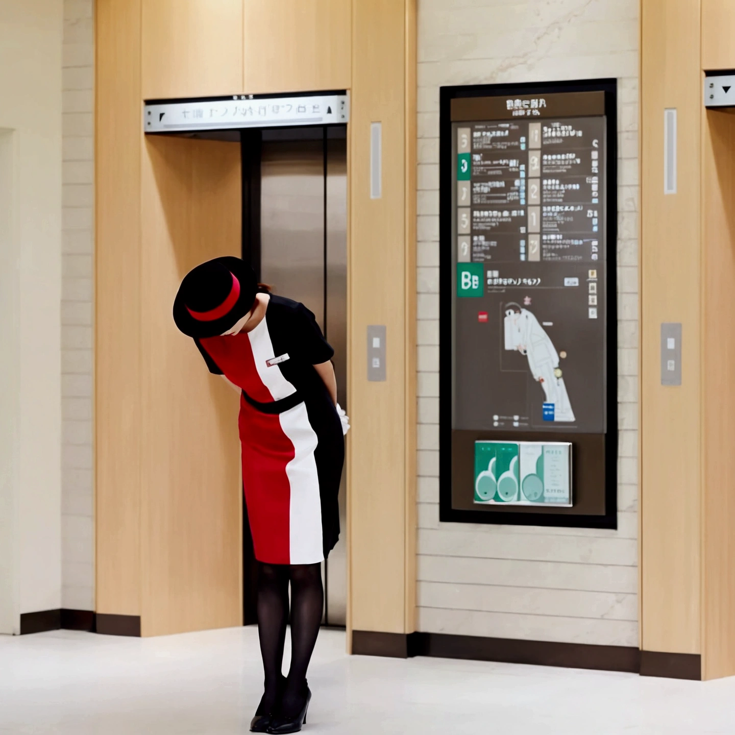 There is a woman in a red and white dress and hat standing in front of ...