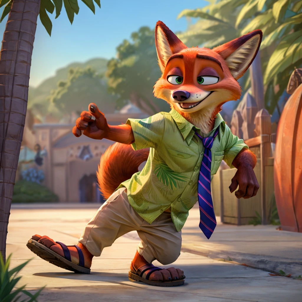 Nick Wilde wears a Hawaiian green shirt with an indigo tie and khaki ...