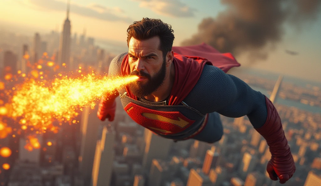 SUPERMAN with beard and moustache blowing fireballs from his mouth ...