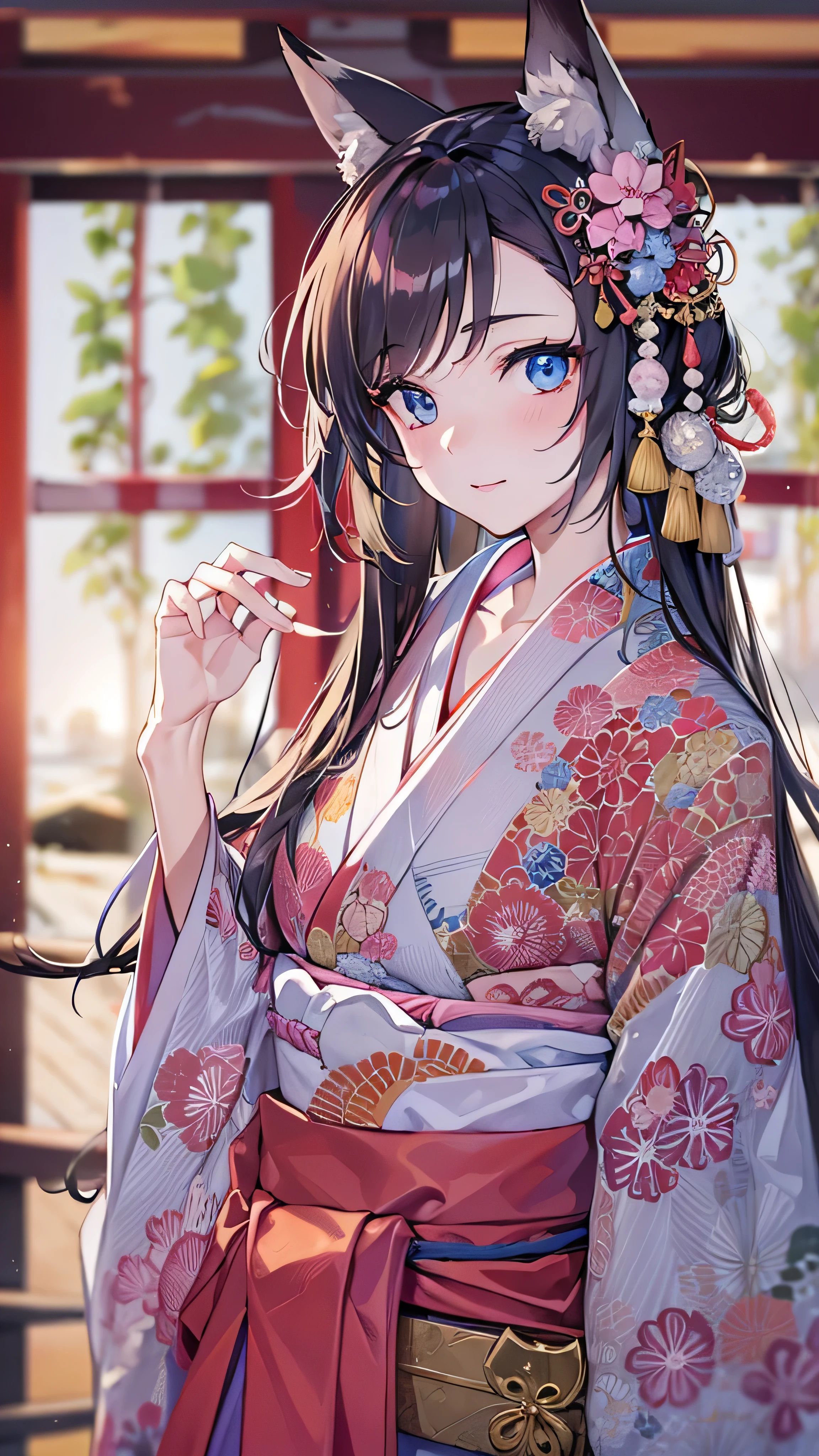 Anime girl in kimono outfit with cat ears and flowers in her hair ...