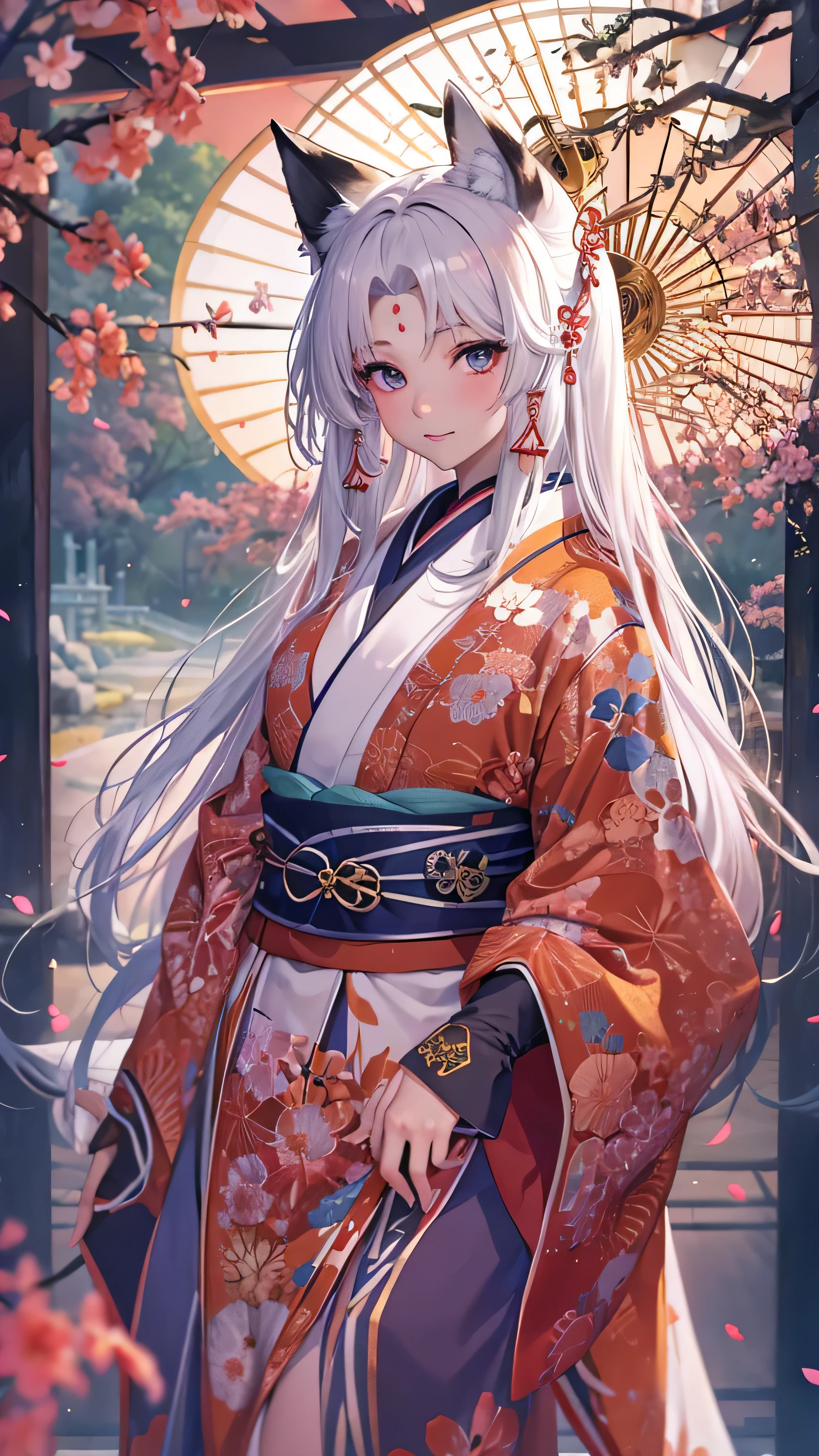 Anime girl in kimono outfit with umbrella and cat ears - SeaArt AI