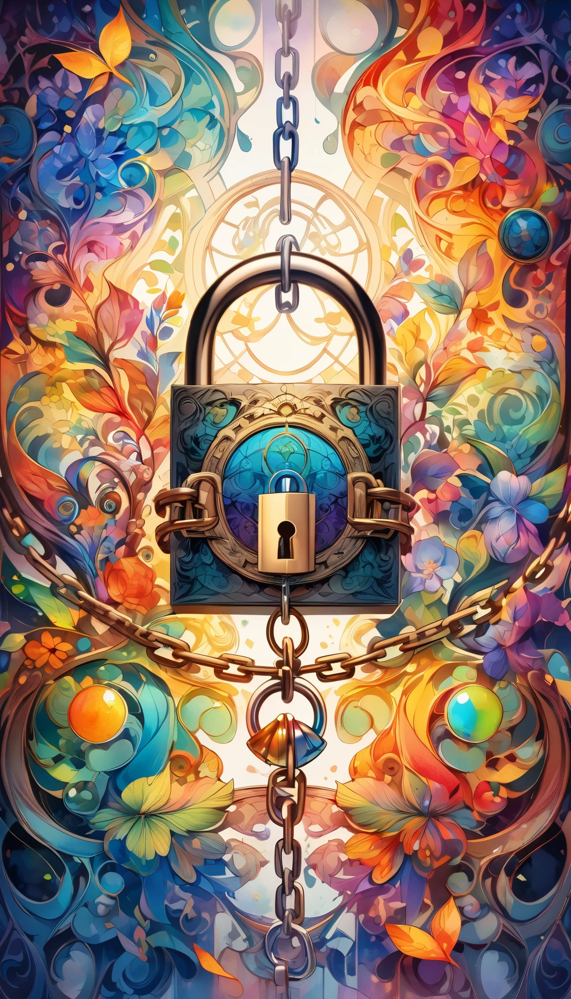 Brightly colored painting of a lock with chain and chain - SeaArt AI