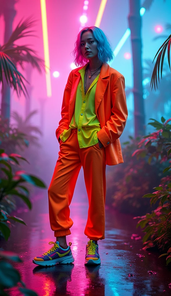 Colorful neon hair and contrasting-colored neon shirt and neon pants ...