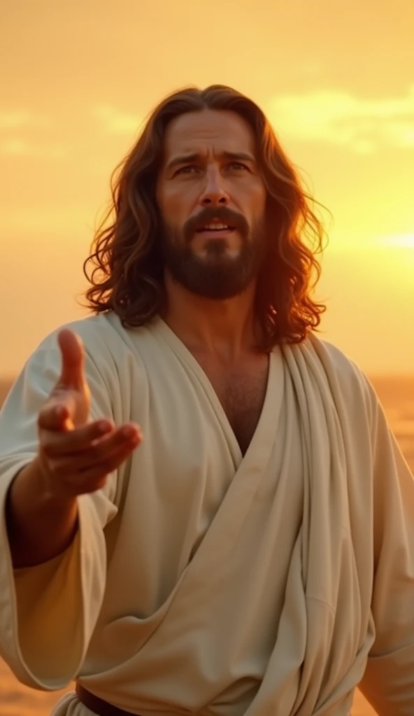 Jesus Christ with long wavy brown hair and dark beard , wearing a ...