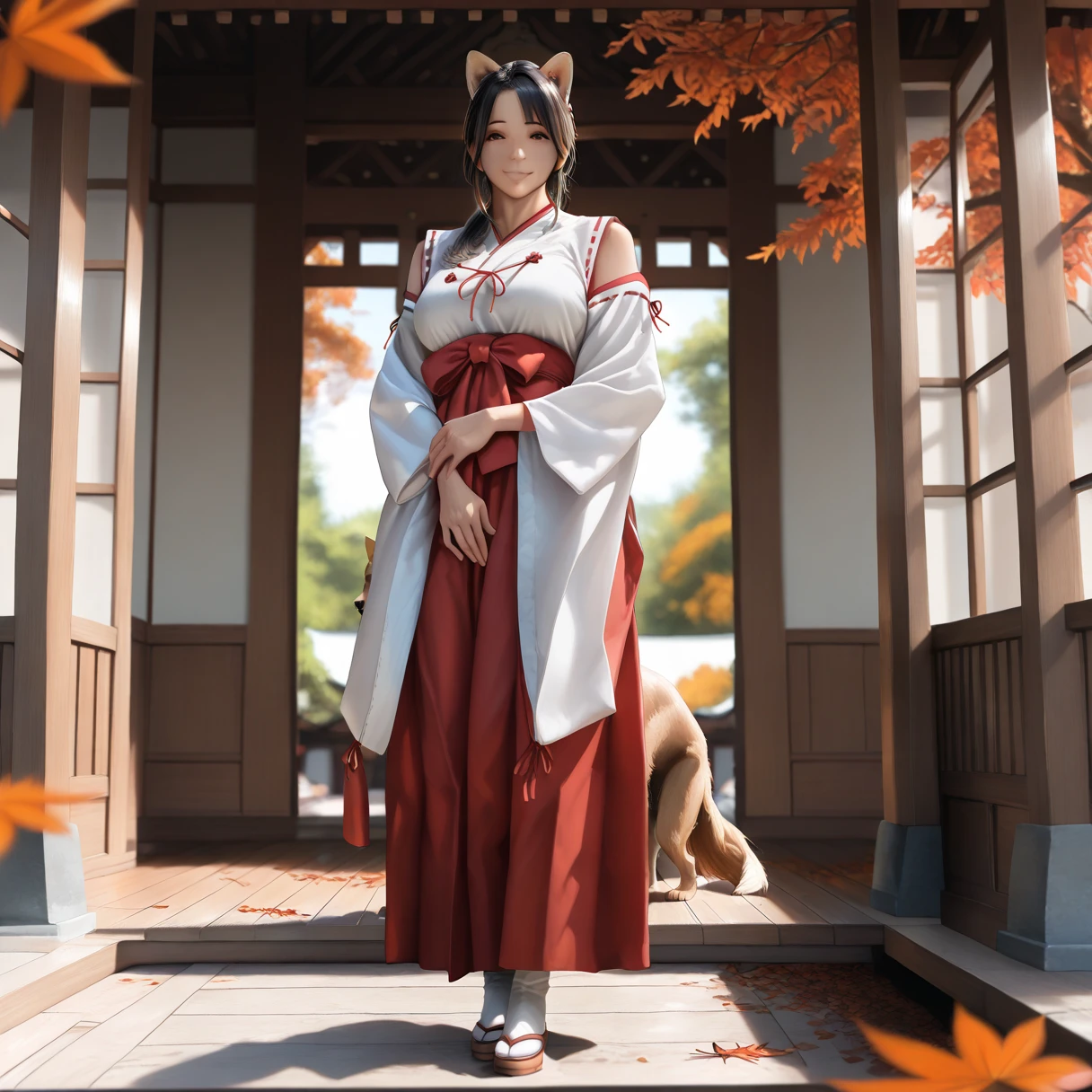 A beautiful mature woman in miko shrine maiden attire, with extremely ...