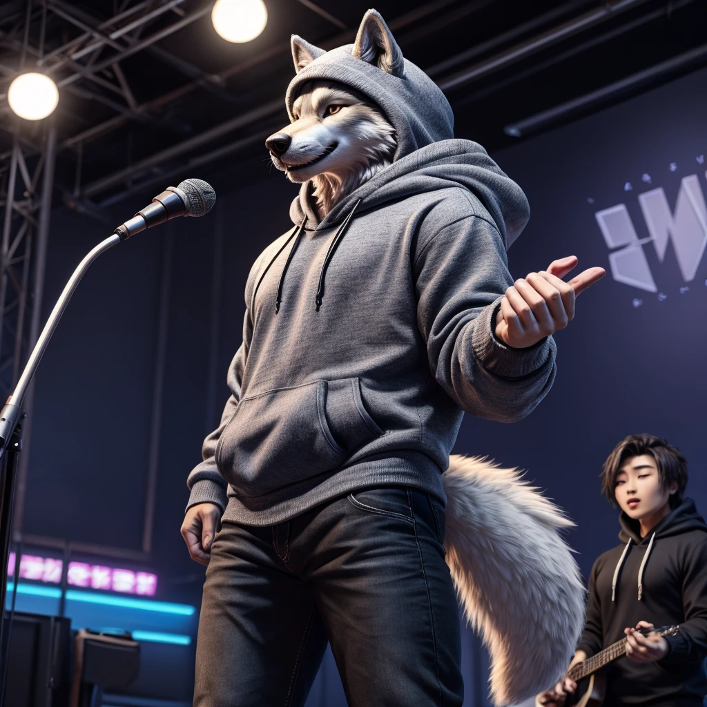 A voluminous winter woolly wolf with a microphone 、 whitish gray wolf ...