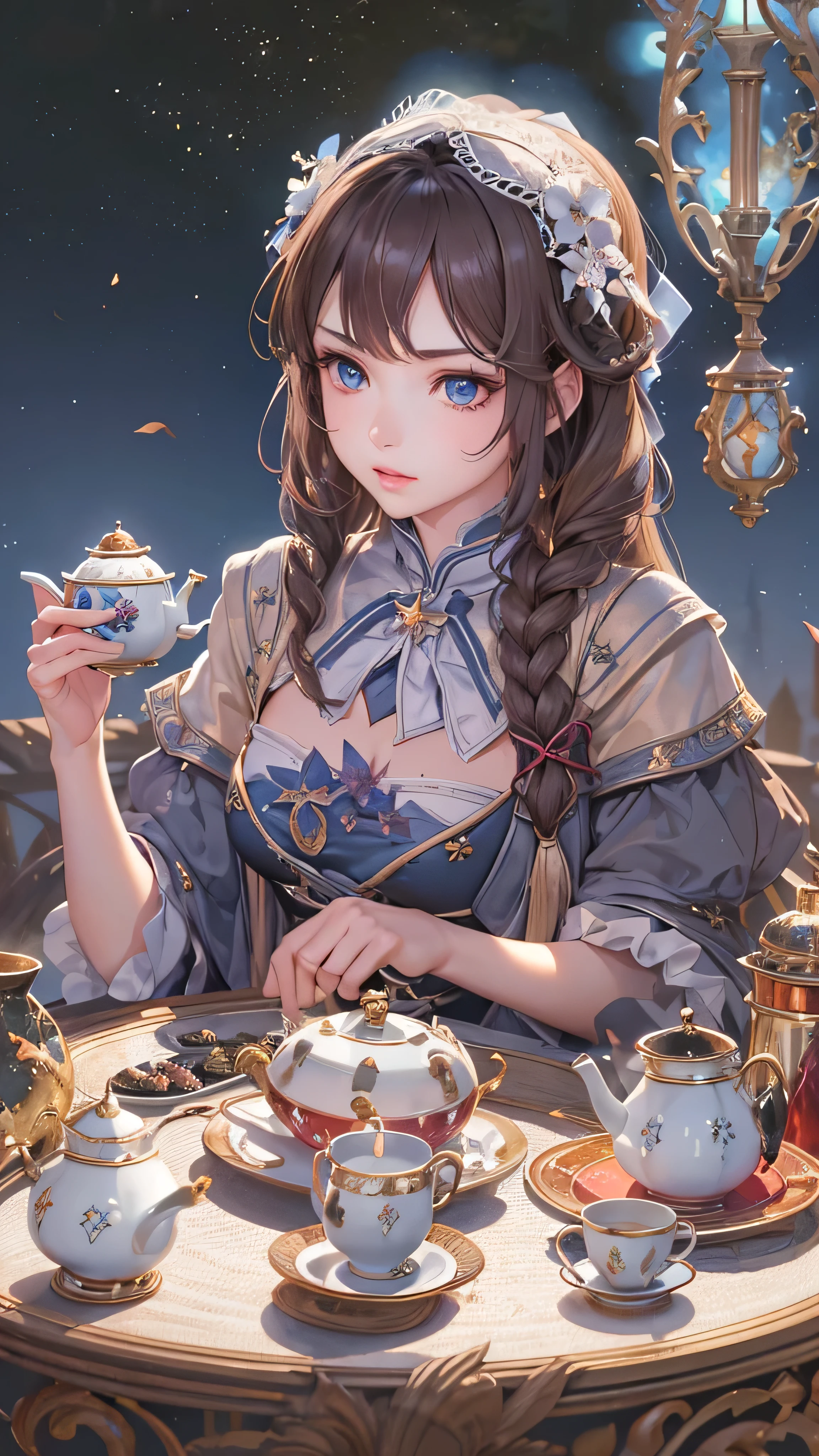 Anime girl sitting at a table with tea cups and teapots - SeaArt AI