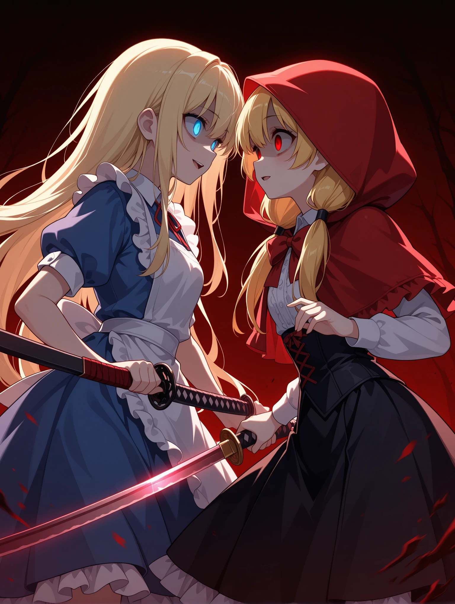 2girls,eye contact,fighting stance,battle,holding weapon,katana - SeaArt AI