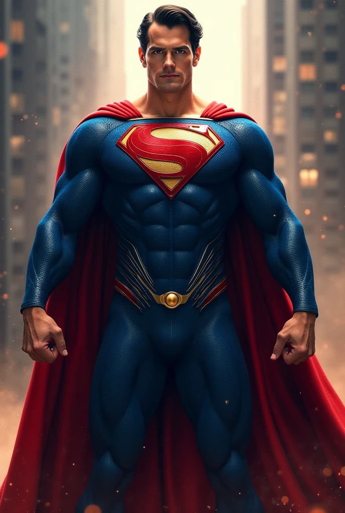 The exaggeratedly realistic digital painting of Superman stands bravely ...