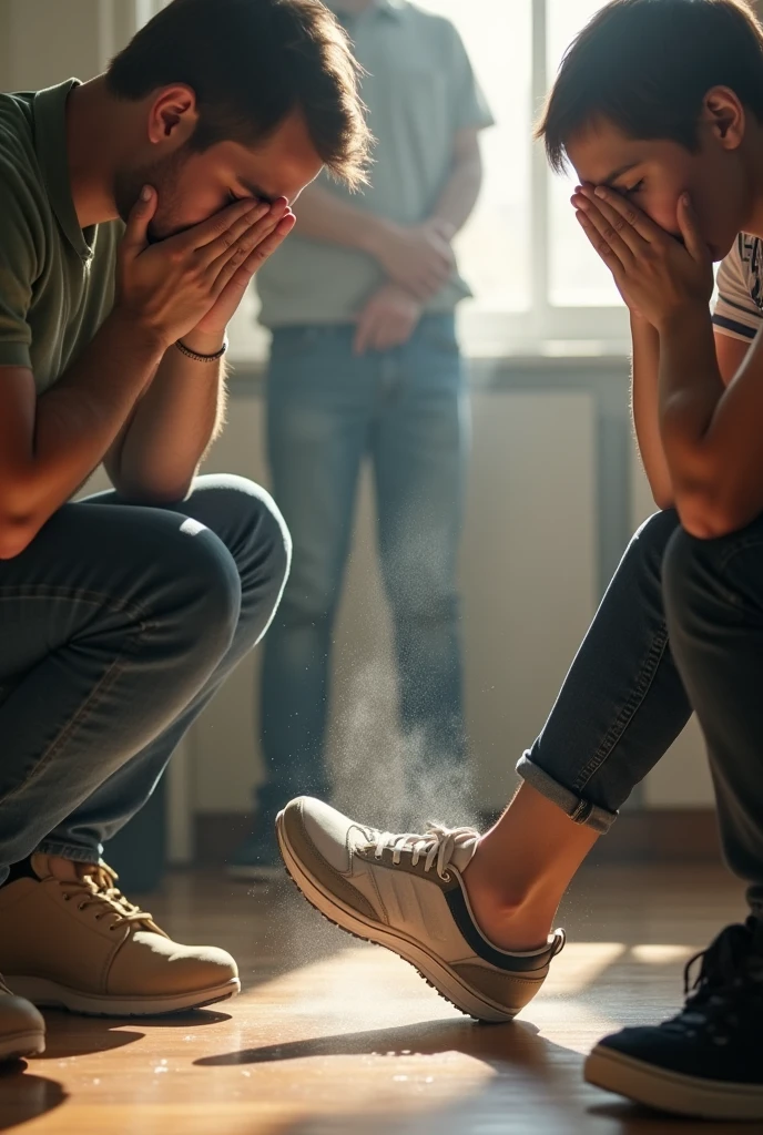 Create a photo where a person takes off their shoes, and people around ...