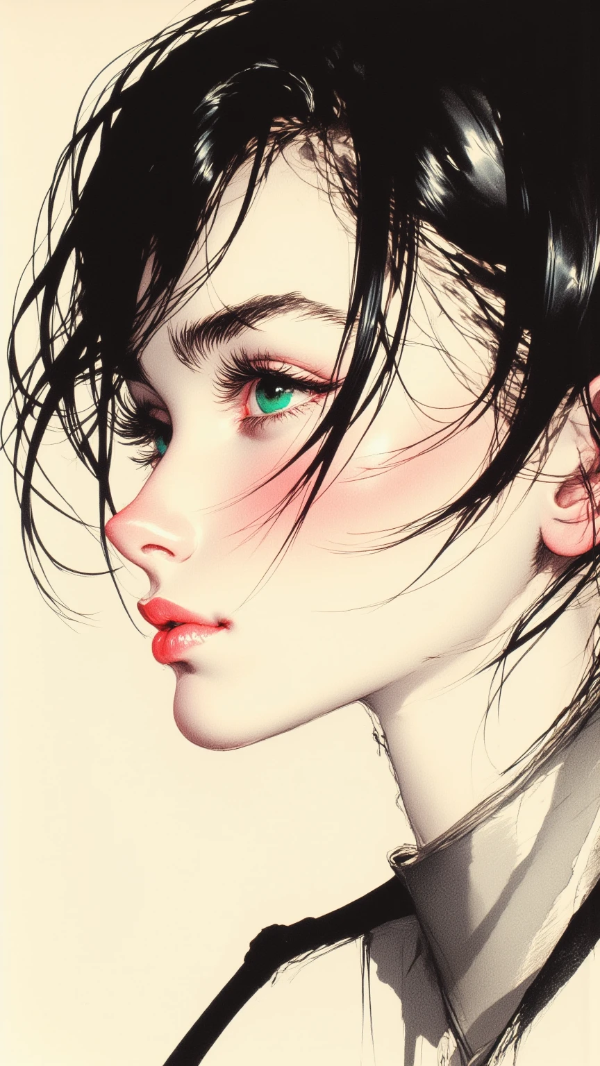 A close-up portrait illustration, side profile view of soft feminine ...
