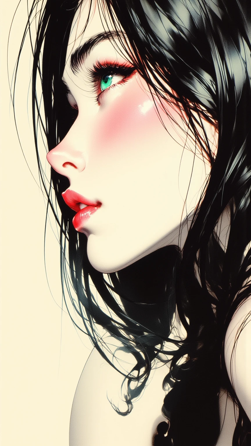 A close-up portrait illustration, side profile view of soft feminine ...
