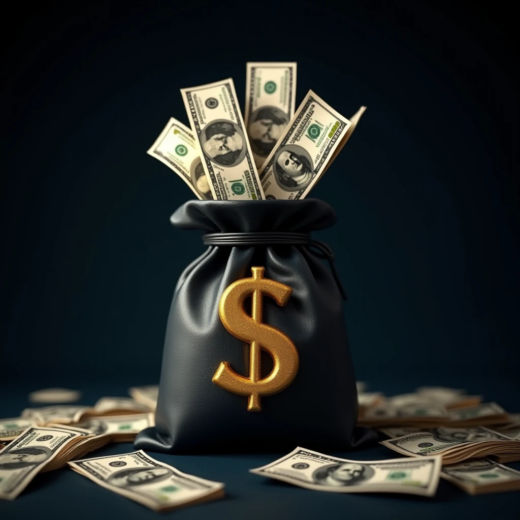 "A hyper-detailed, ultra-realistic 8K image of a full bag of dollars ...
