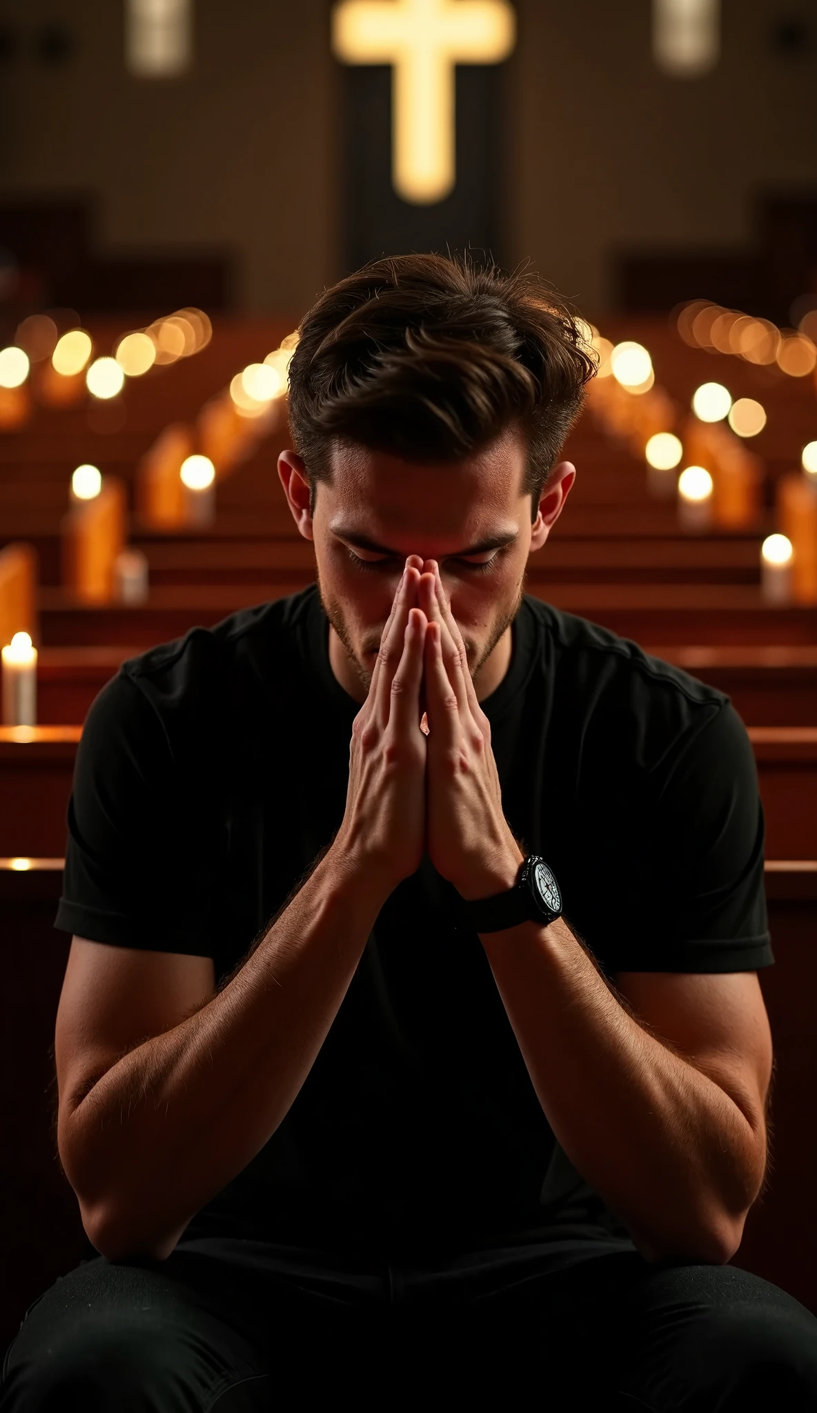 Arafed man sitting in a church with his hands folded over his face ...