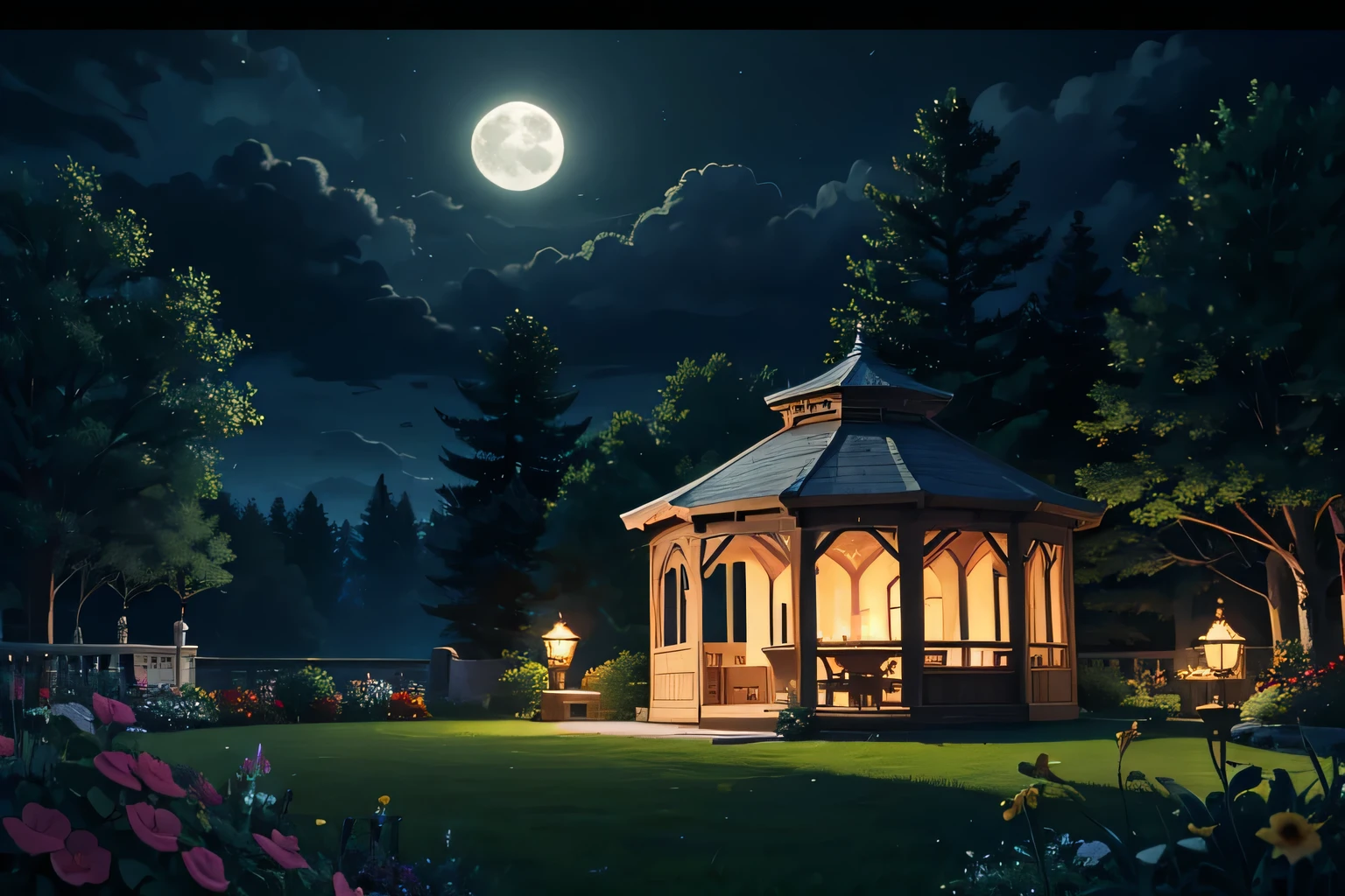 Nighttime scene of a gazebo in a garden with a full moon - SeaArt AI
