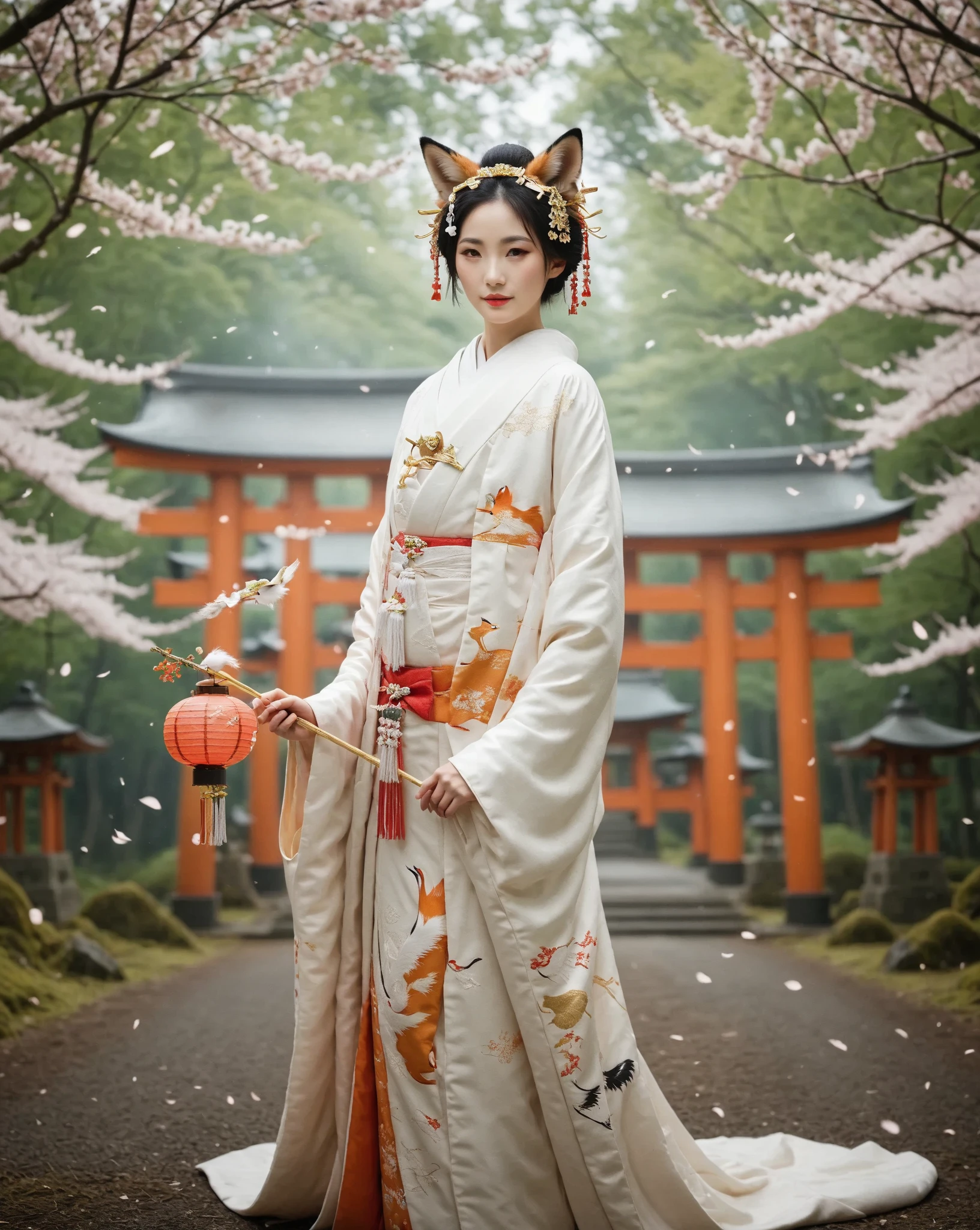 A mystical fox bride wears a traditional Japanese white wedding kimono ...