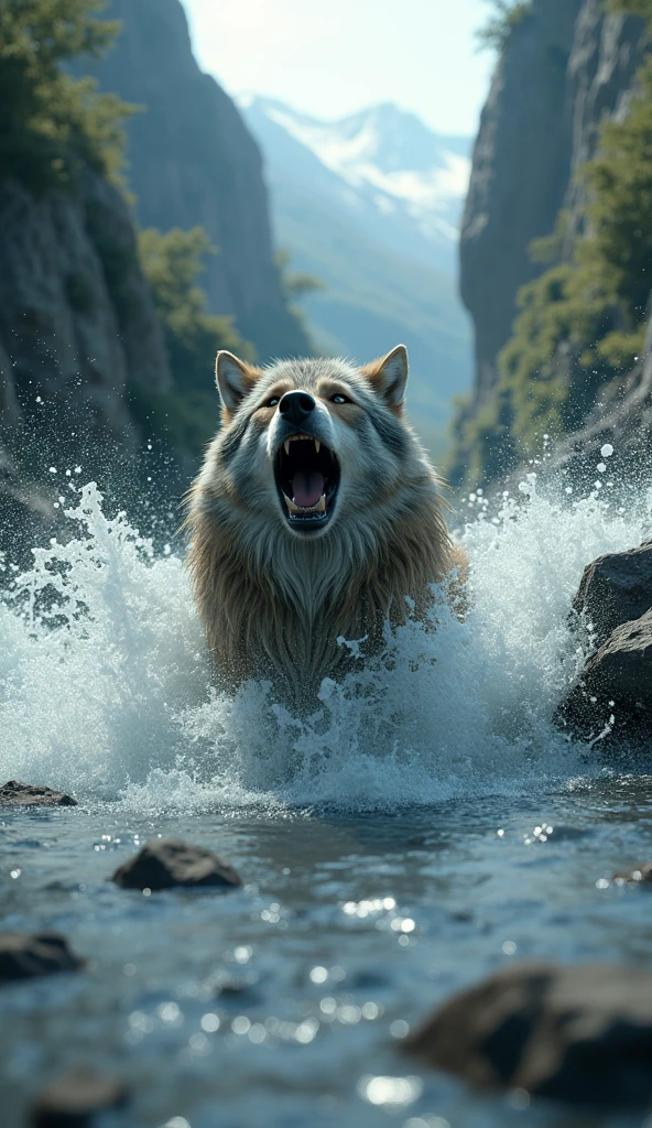 Create a 3D image of a wolf drowning downstream - SeaArt AI