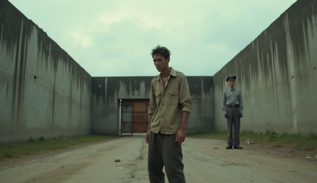 A weary, hollow-eyed man in worn, simple clothes stands alone in an ...