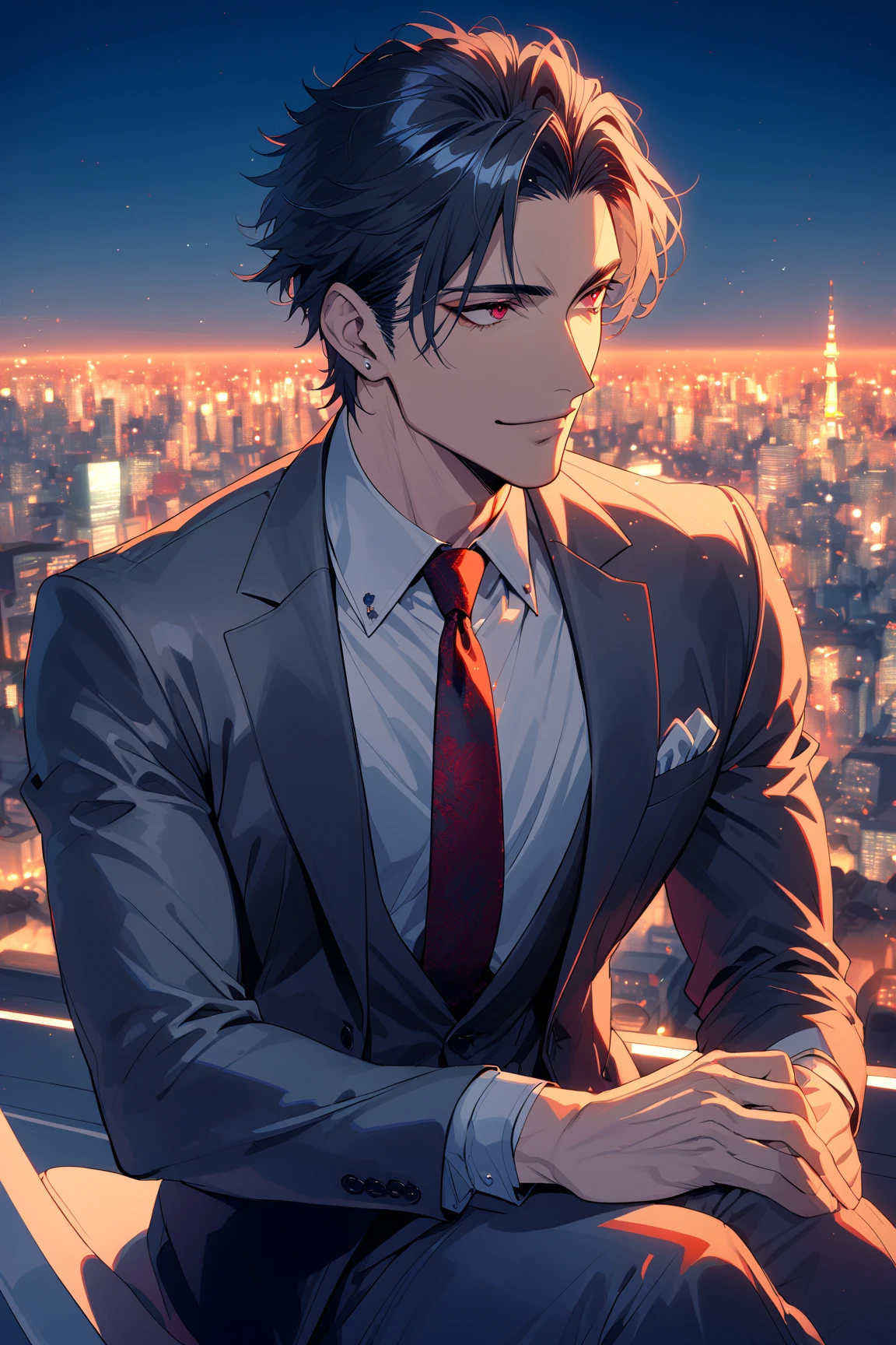 1 handsome manly male, styled short black hair, calm crimson eyes ...