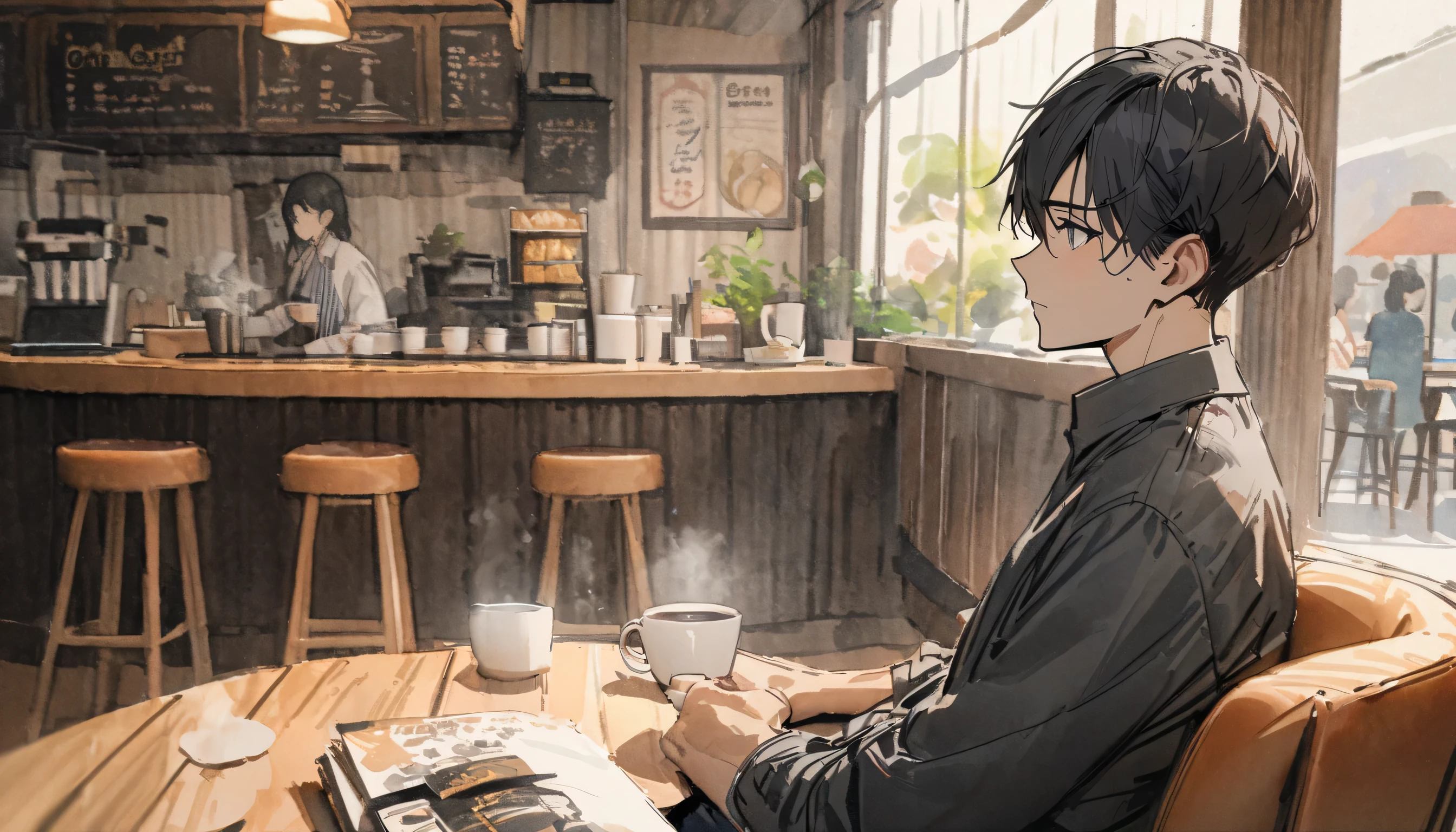 Anime - style image of a man sitting at a table with a cup of coffee ...