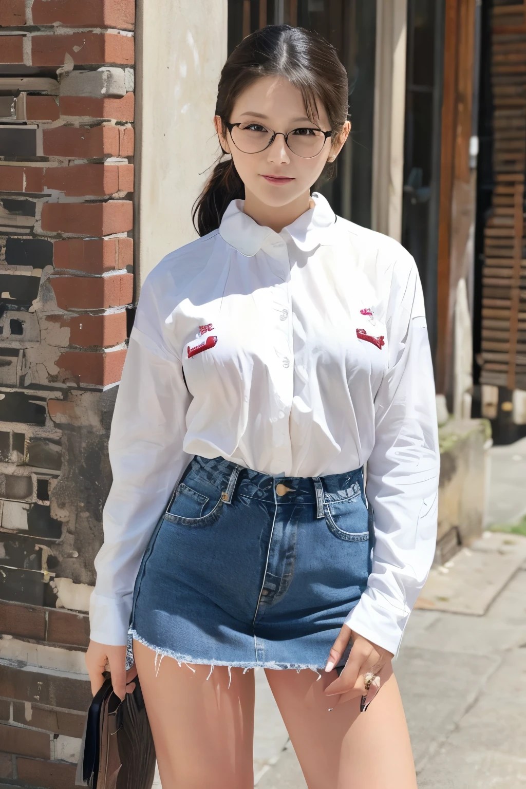 Arafed woman in a white shirt and denim skirt posing for a picture - SeaArt AI