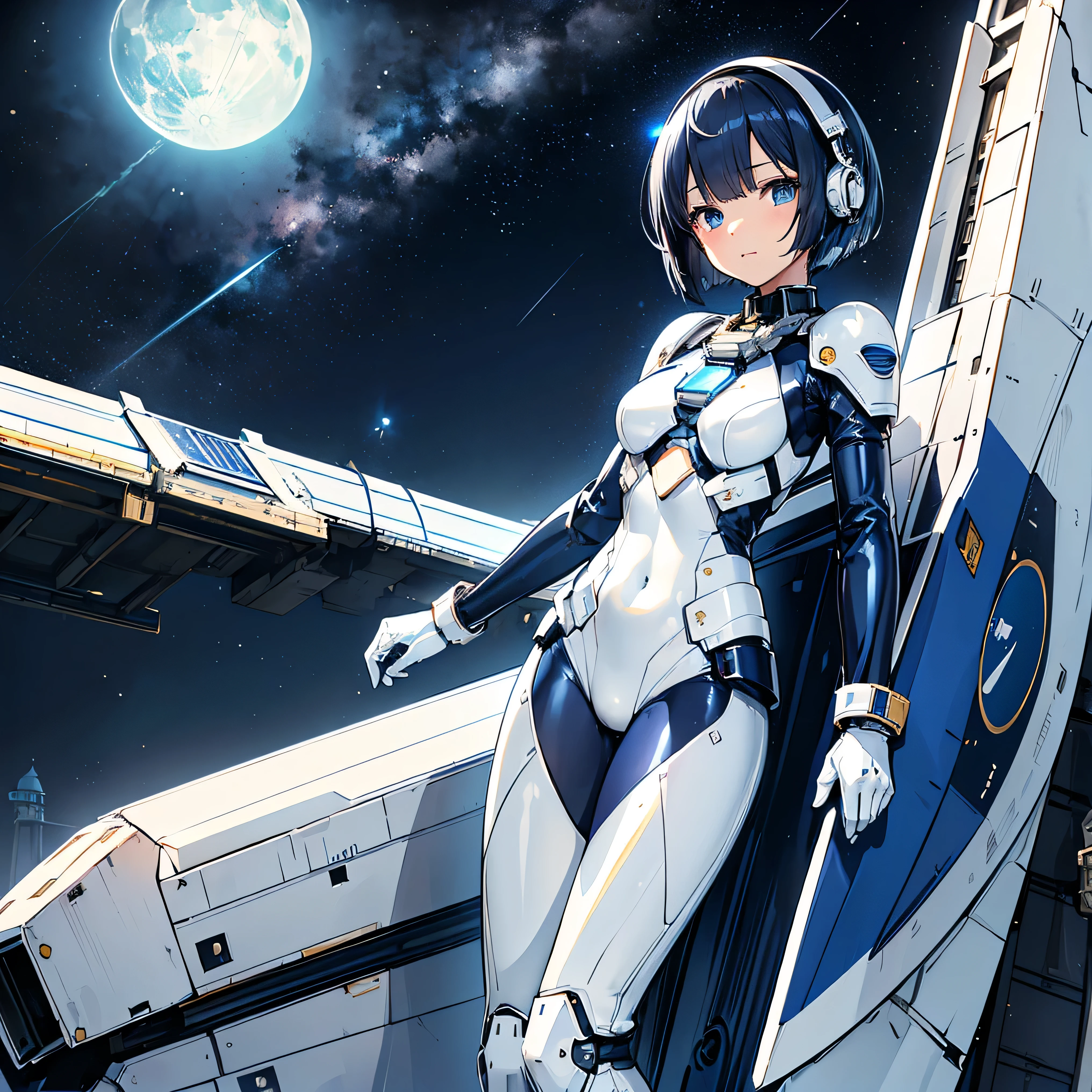 Anime character standing on a spaceship with a full moon in the ...