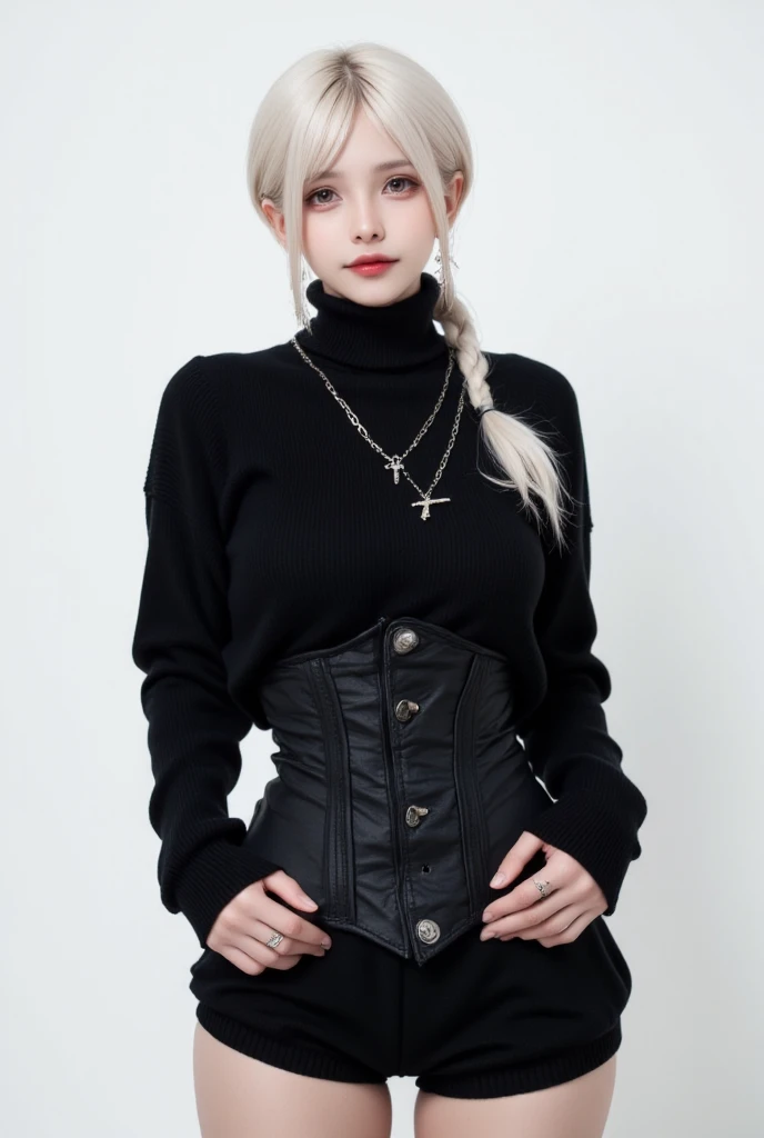 Black turtleneck sweater. a tight black corset on the stomach - SeaArt AI