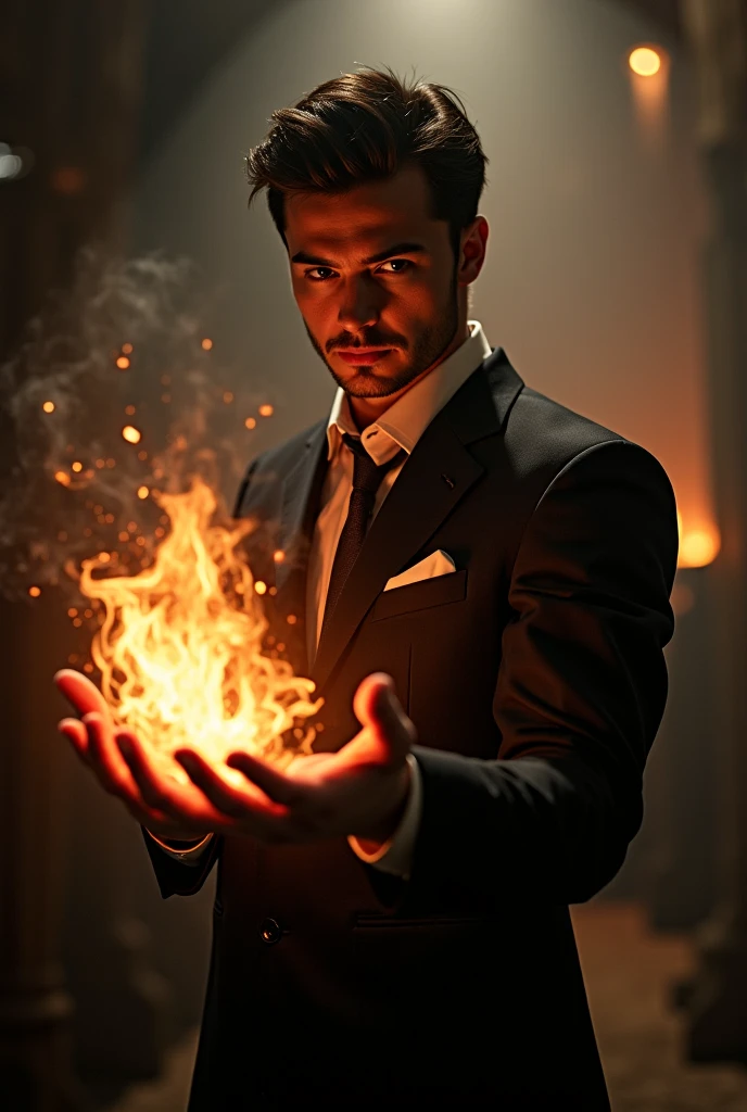 Handsome man dressed in a suit wearing pyromancy - SeaArt AI