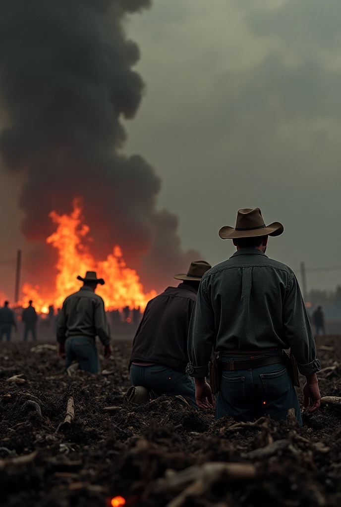 I want a picture of a group of farmers crying over their farm destroyed ...