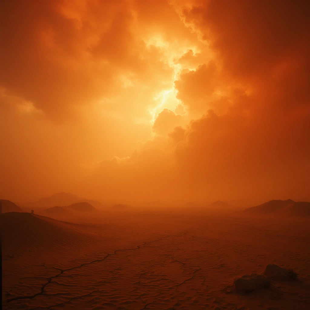 A sweeping dust storm engulfs the desolate, cracked land of barren farmland - SeaArt AI