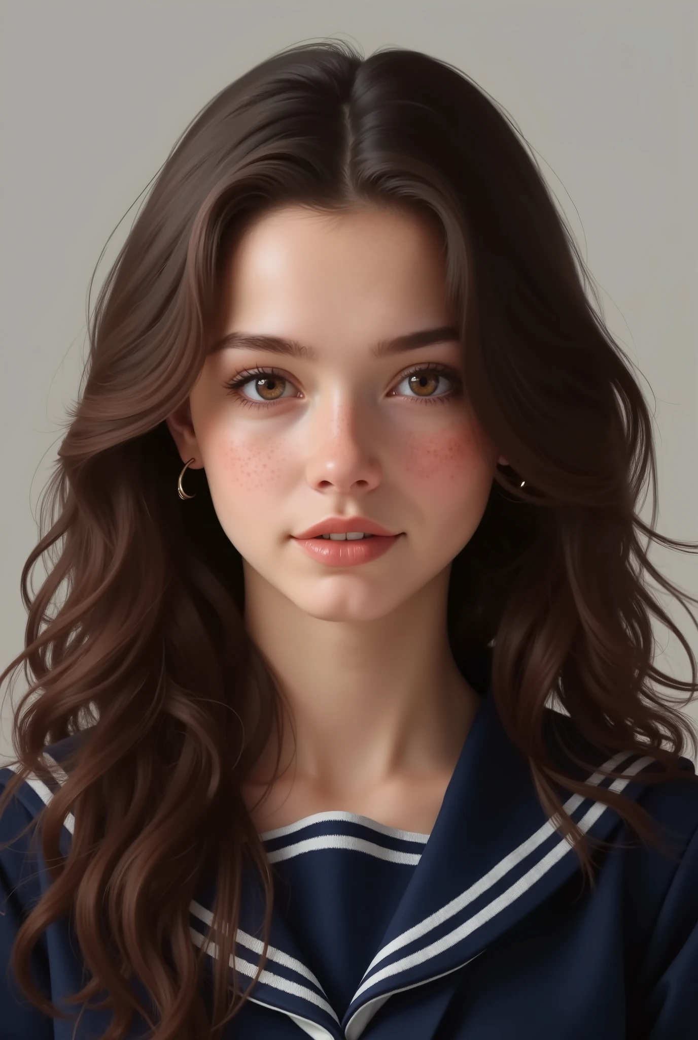 18 year old woman, fair skin, long curly brown hair, brown eyes - SeaArt AI