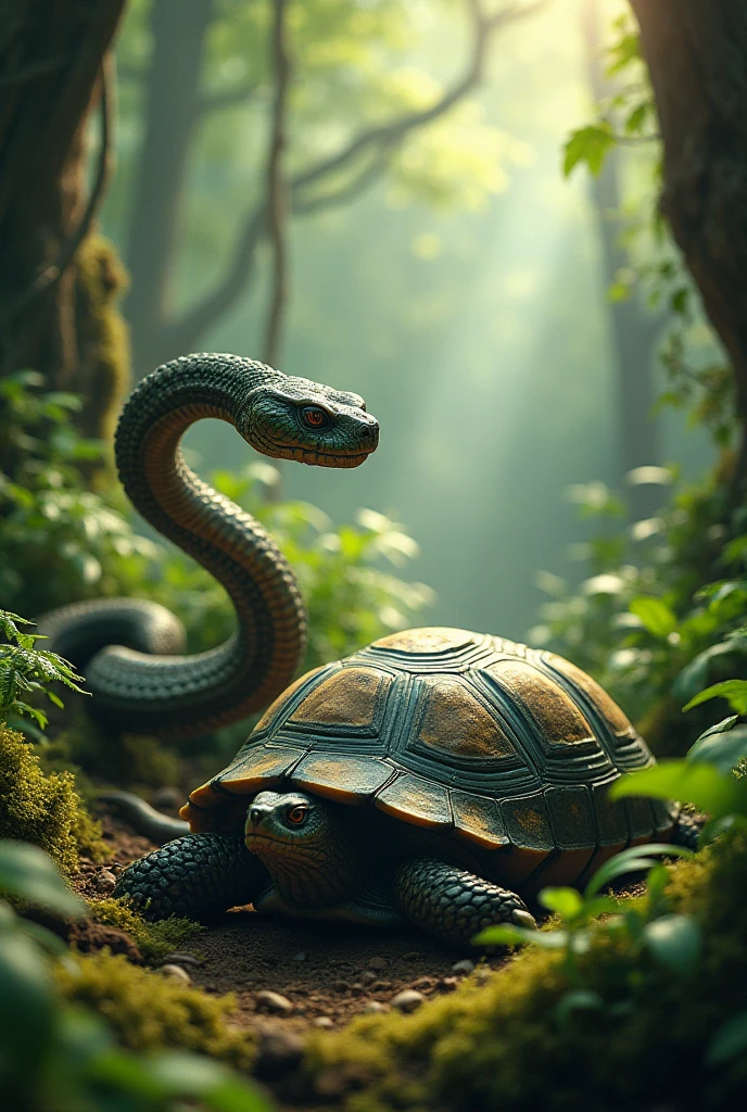 A snake with a turtle in front of it in the forest - SeaArt AI