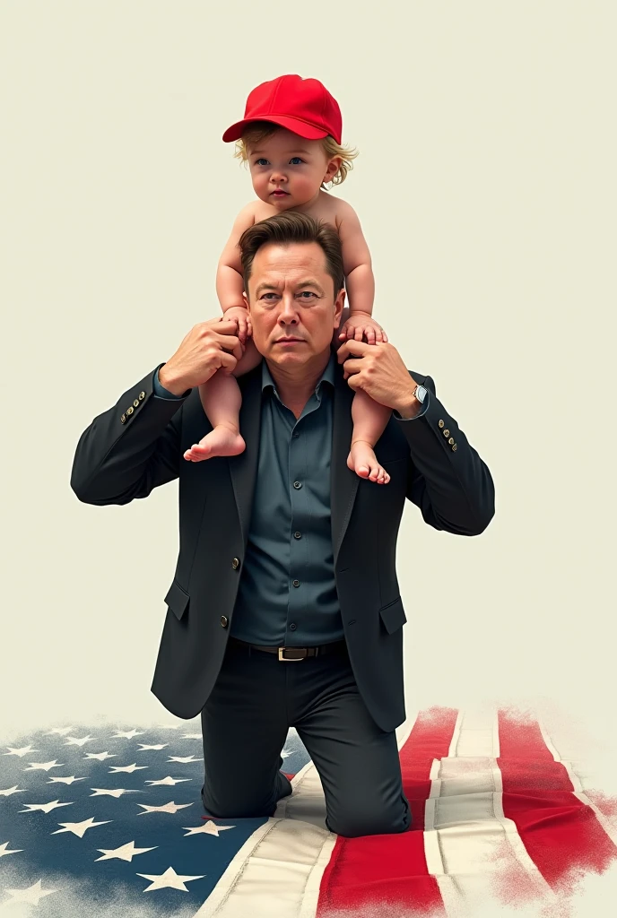 Elon Musk trampling on an American flag, a blond baby in diapers with a ...