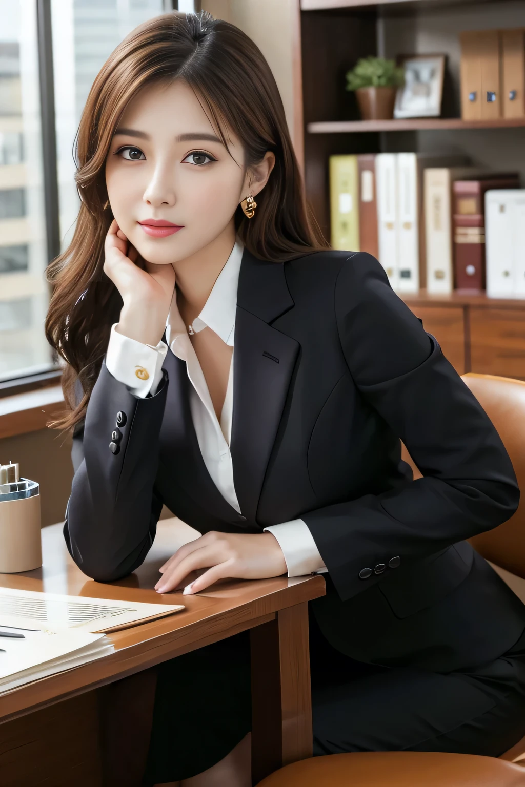 Arafed woman in a black suit sitting at a desk with a laptop - SeaArt AI