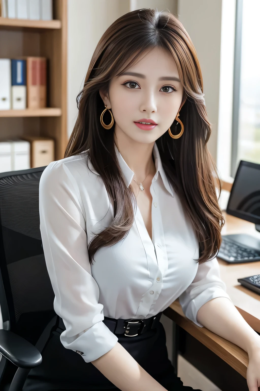 Arafed woman sitting at a desk with a laptop and a computer - SeaArt AI