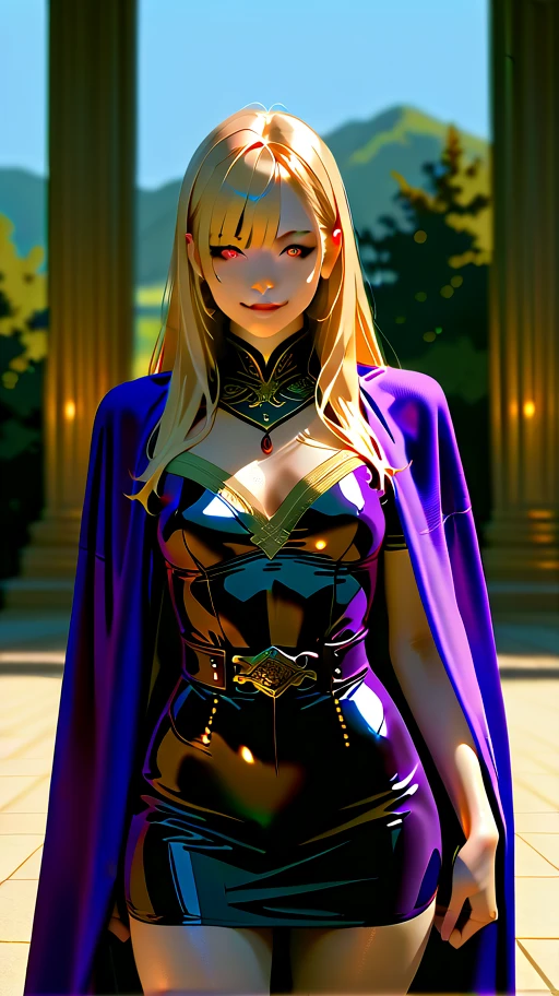 Blond woman in a purple cape and shiny dress posing for a picture - SeaArt AI