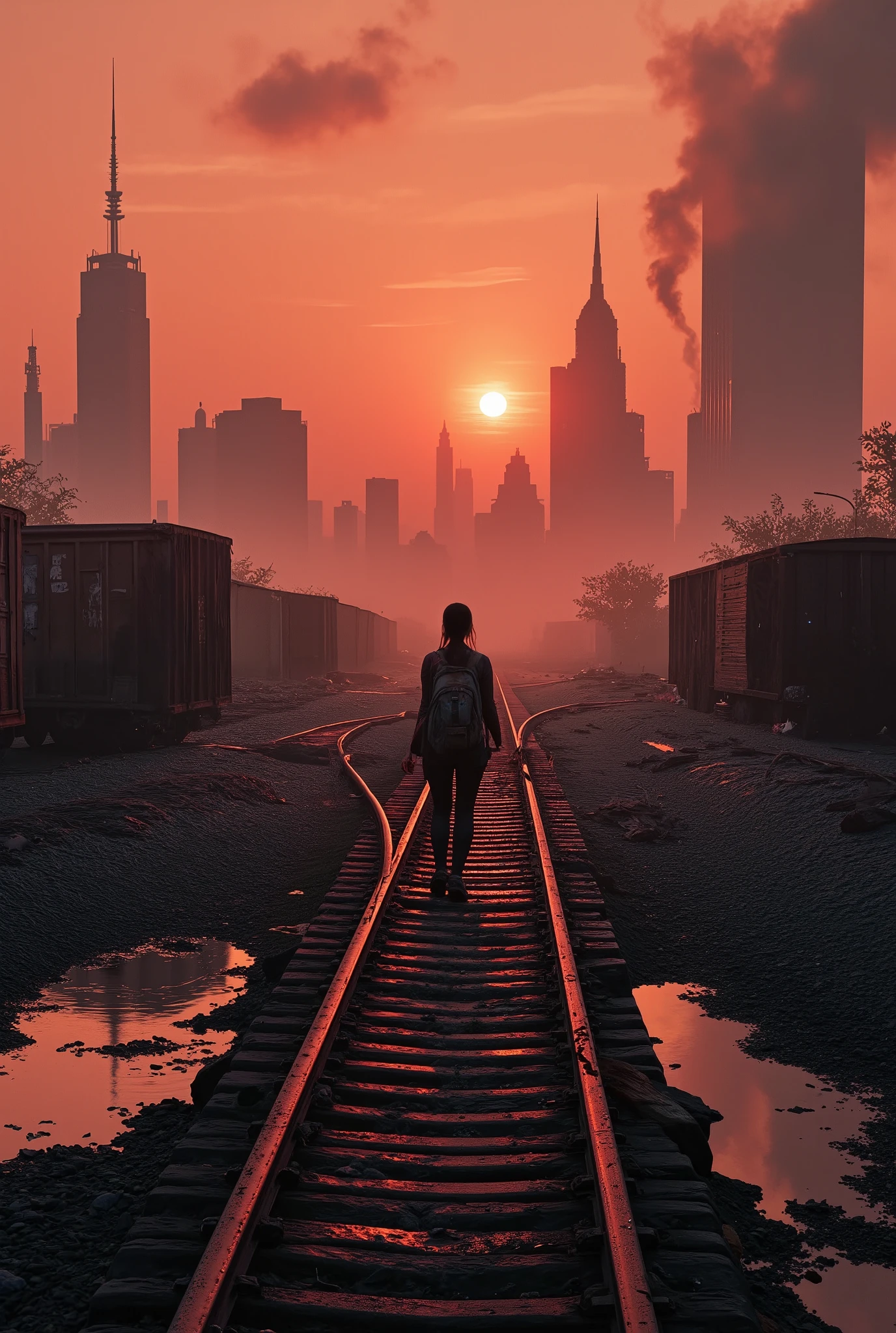 There is a person walking on a train track in the middle of a city ...