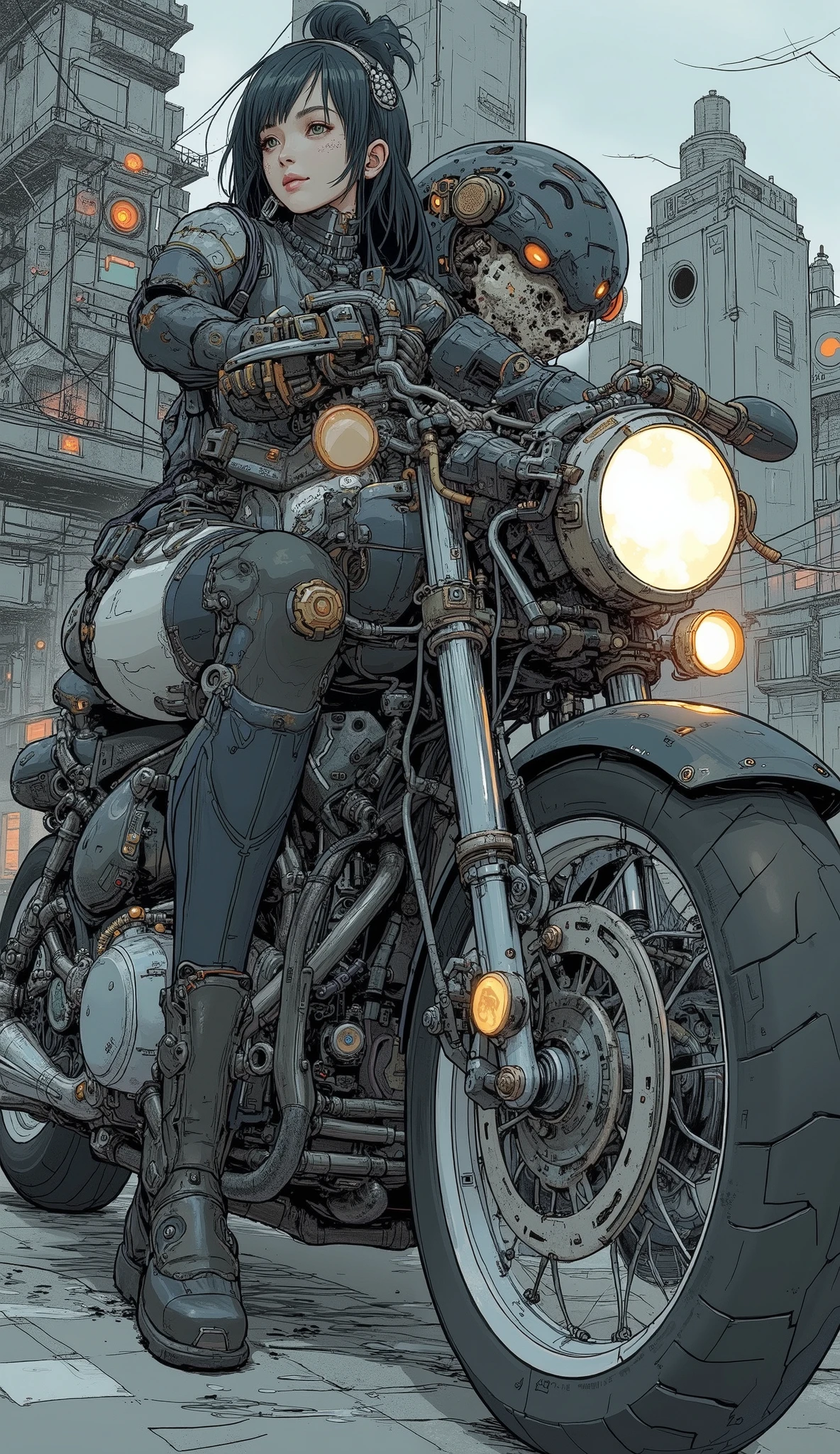Anime girl sitting on a motorcycle in a city setting - SeaArt AI