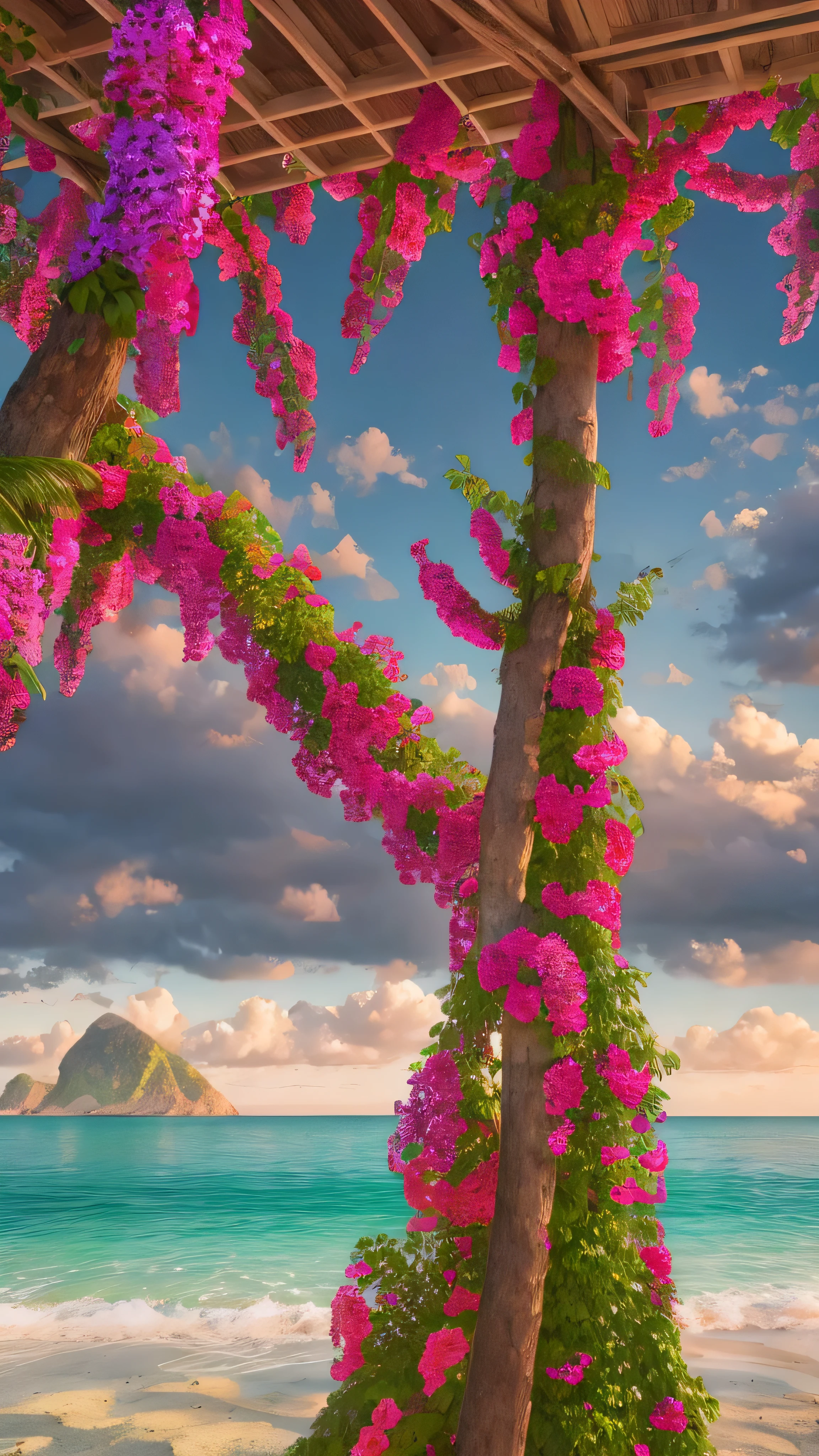 There is a painting of a beach with a tree and flowers - SeaArt AI