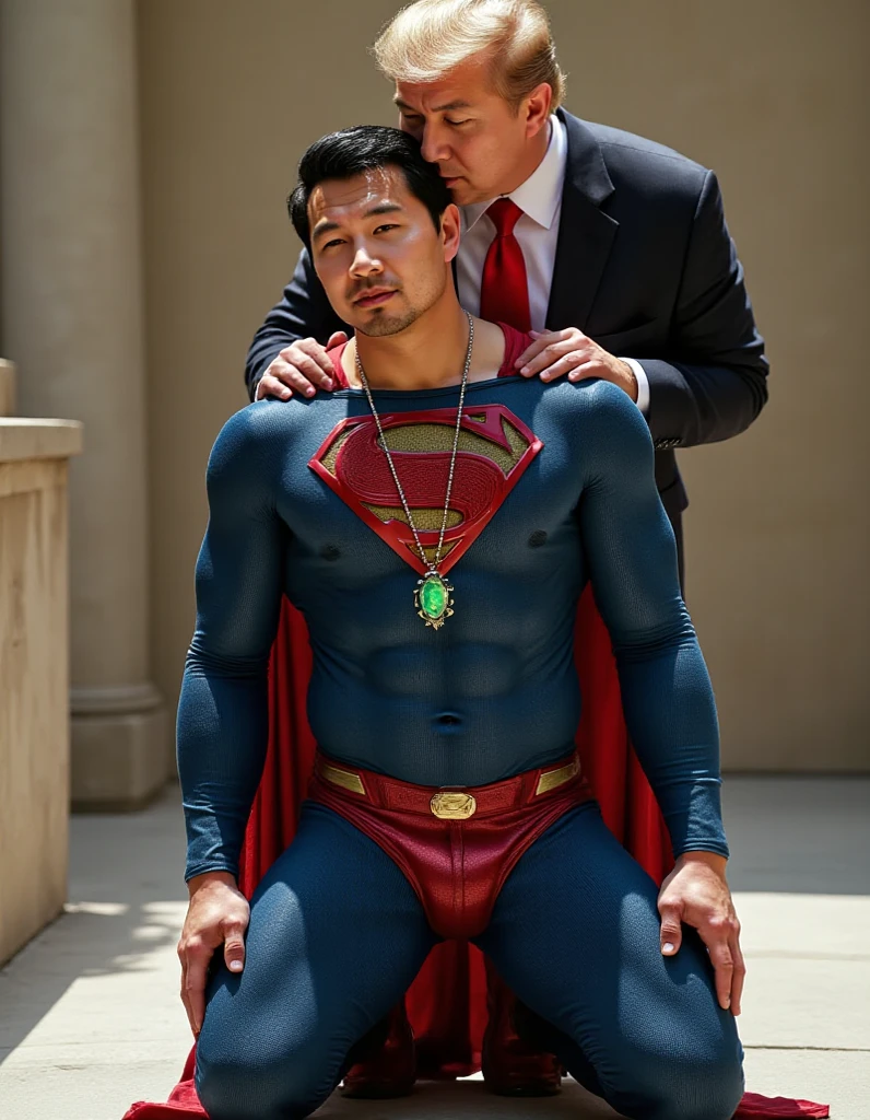 A buff man in a superman costume (think movie version of Superman ...