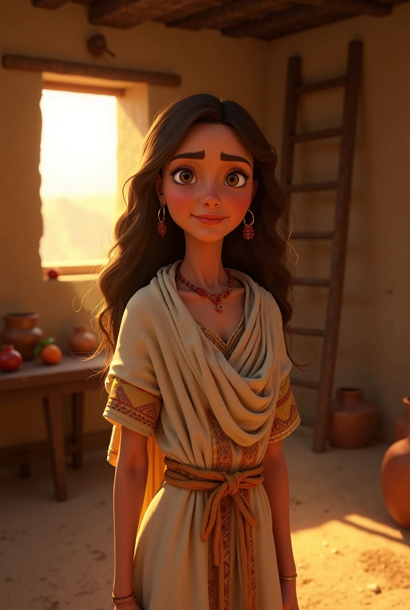 Arafed image of a woman in a dress and necklace standing in a room ...