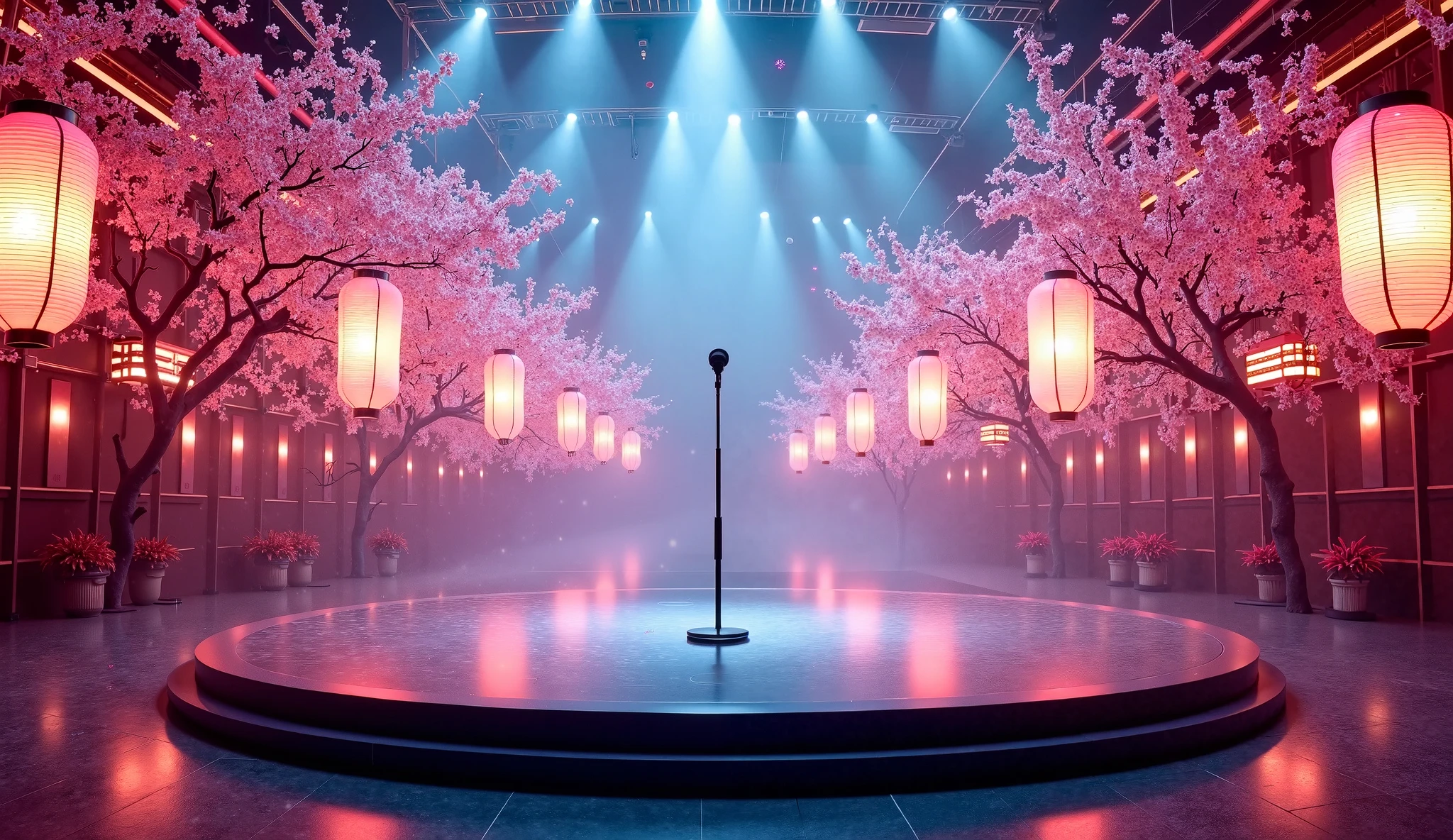 There is a stage with a microphone and a lot of lights - SeaArt AI