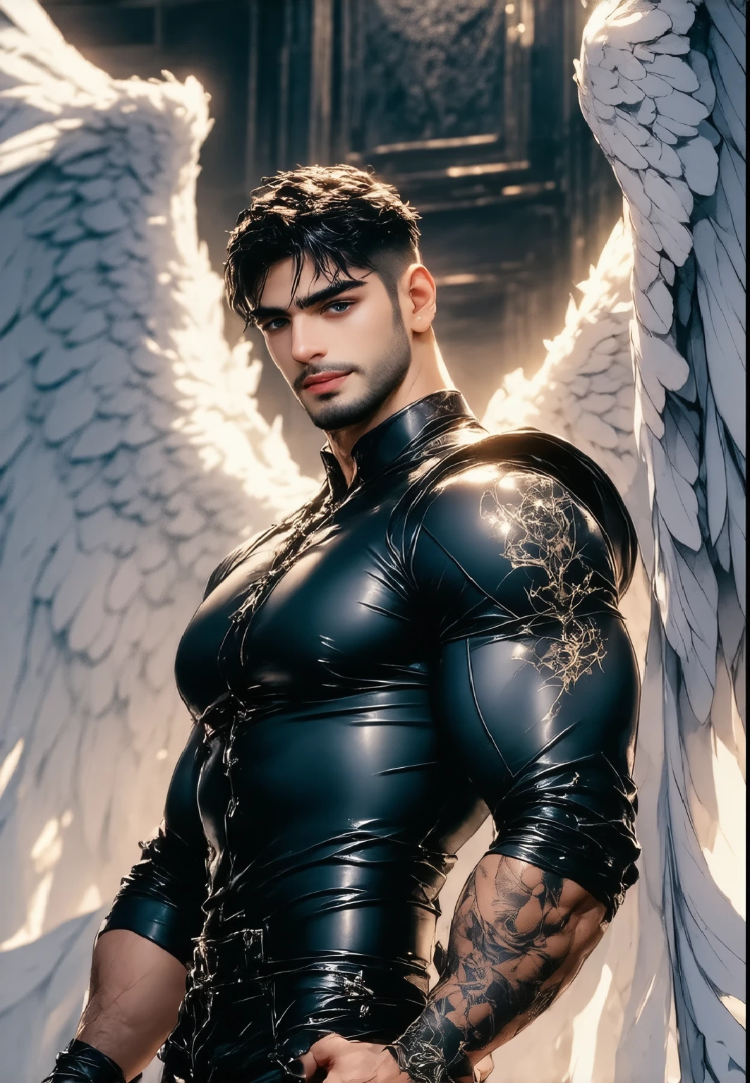 Arafed male in a leather outfit with wings and a sword - SeaArt AI