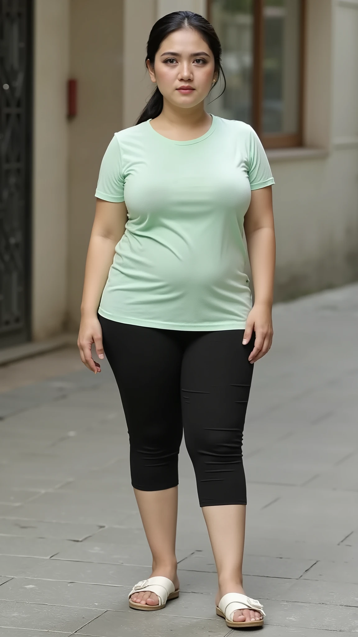 Araffe woman in a green shirt and black pants standing on a sidewalk ...