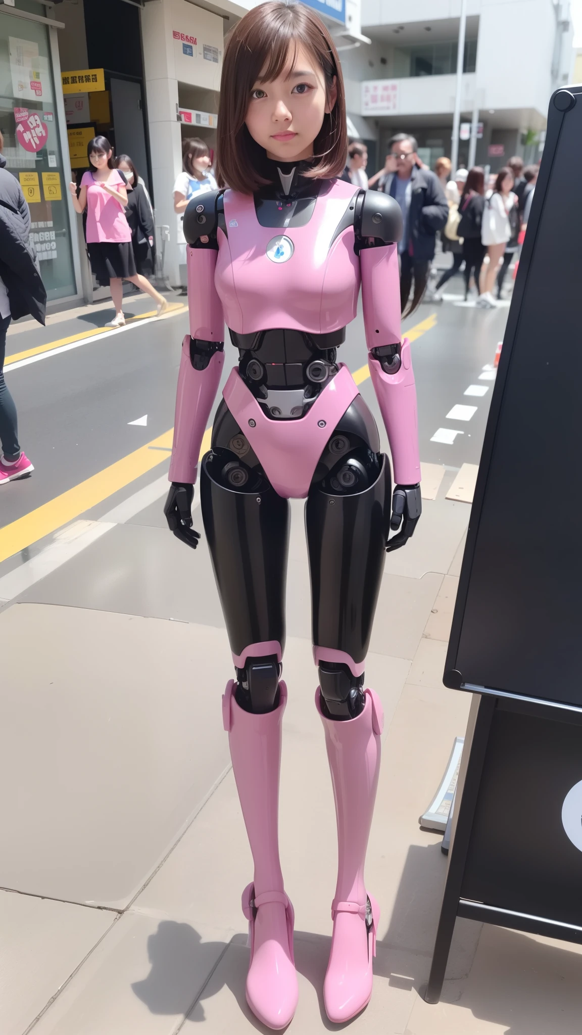 There is a woman in a pink and black suit standing on the sidewalk ...